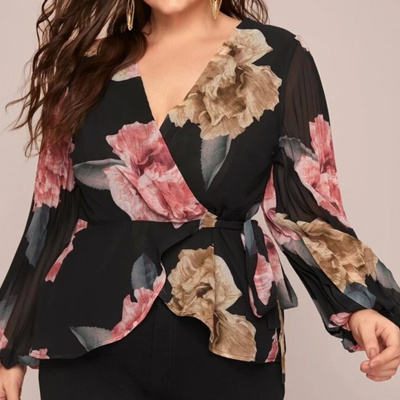 Tops | Plus Size Floral Print Surplice Belted Blouse | Poshmark